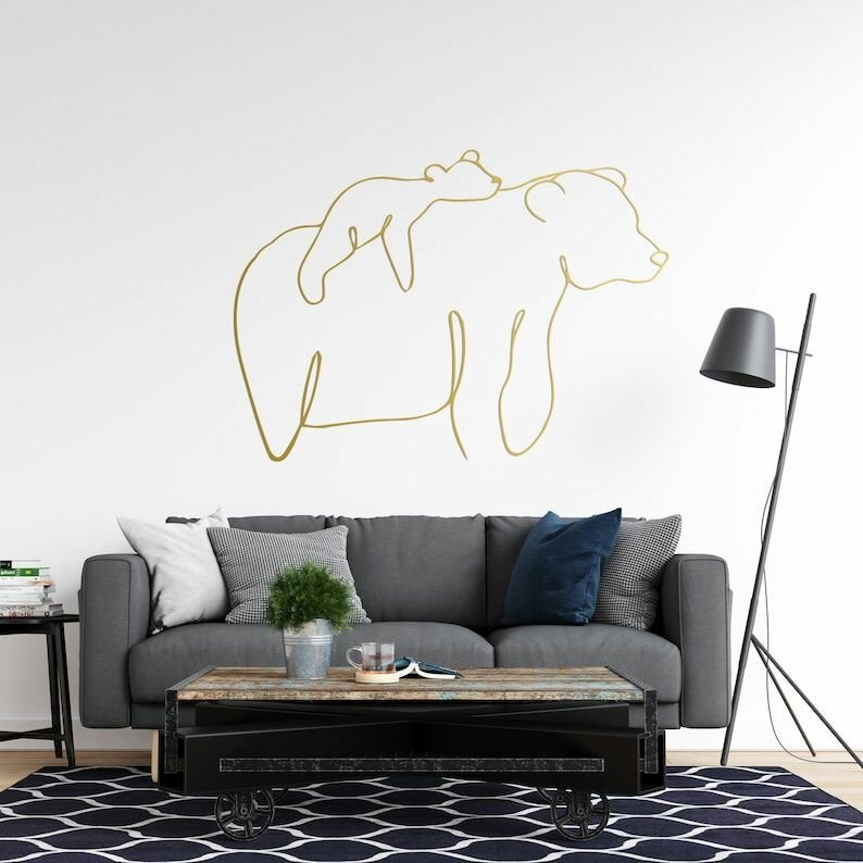 Декоративное панно деревянное, Медвежонок с медведицей (матовое золото)