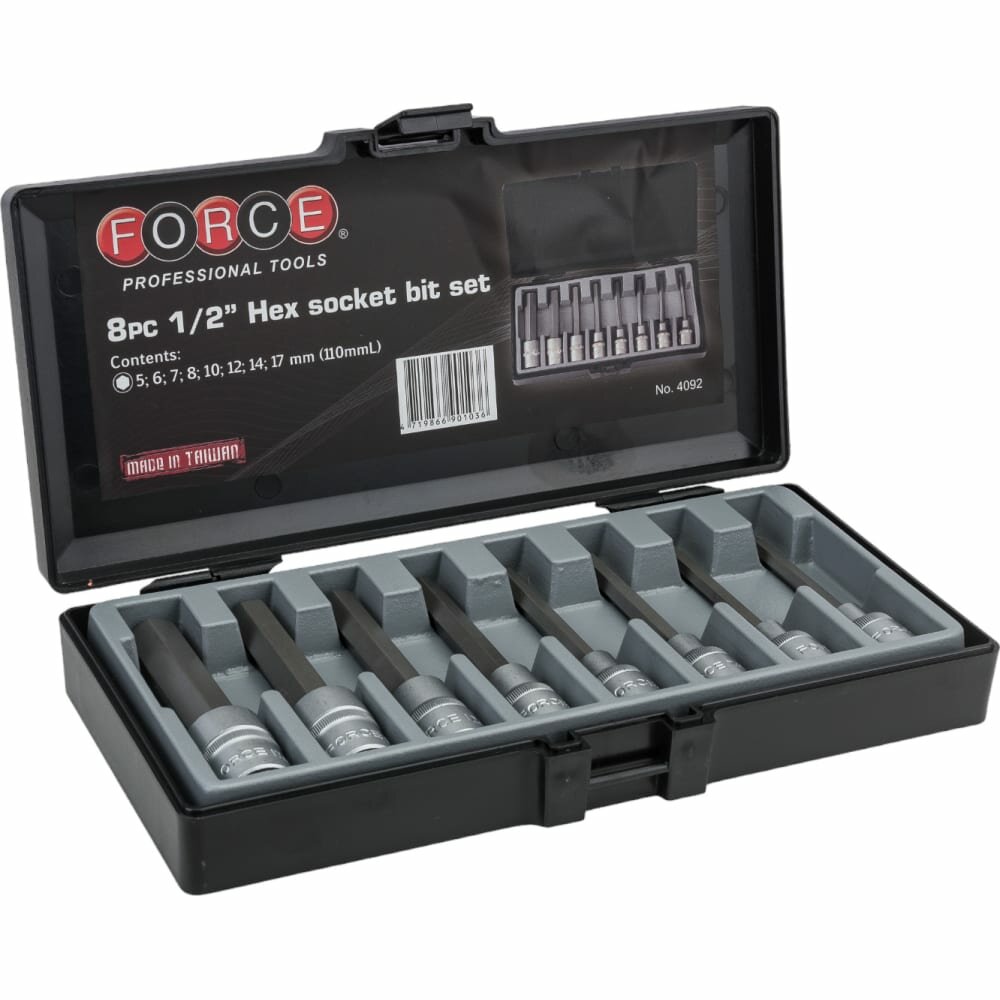 Набор головок-бит HEX 1/2" 8 шт. FORCE4092, патрон с подпружиненным шариком, бит из закаленной стали, износостойкость
