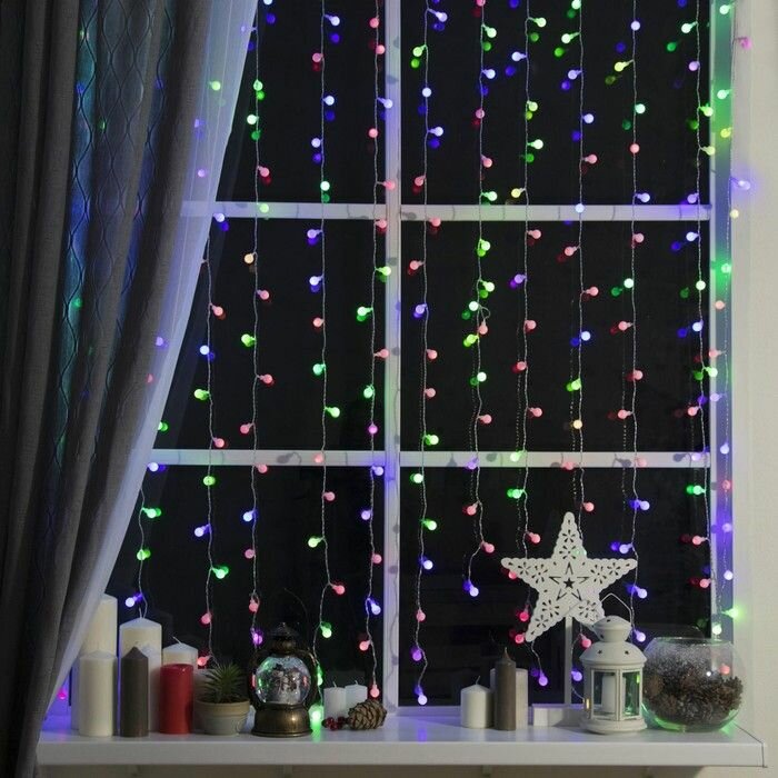 Гирлянда Занавес 2 х 1.5 м с насадками Шарики , IP20, прозрачная нить, 360 LED, свечение мульти (RG/RB), мигание, 220 В