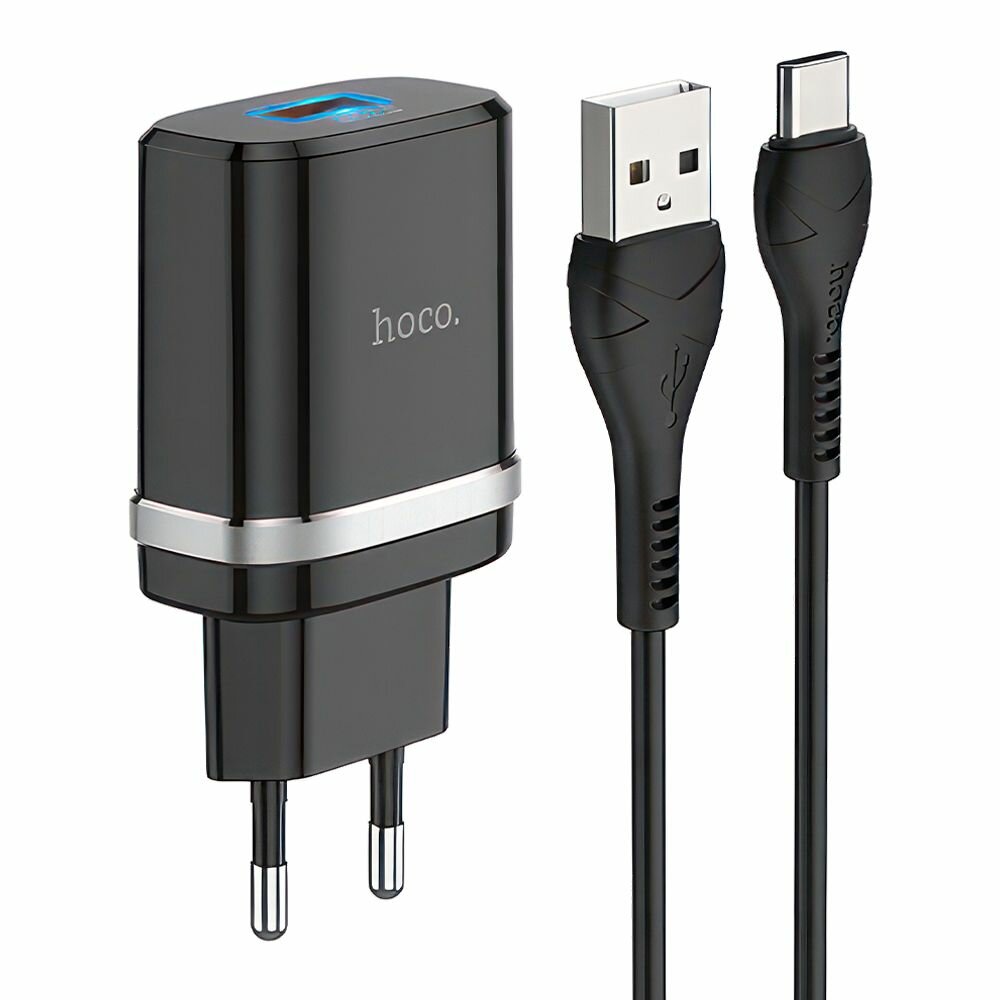 СЗУ HOCO C12Q Smart 1xUSB, 3А, 18W, QC3.0, LED + USB кабель Type-C, 1м (черный)