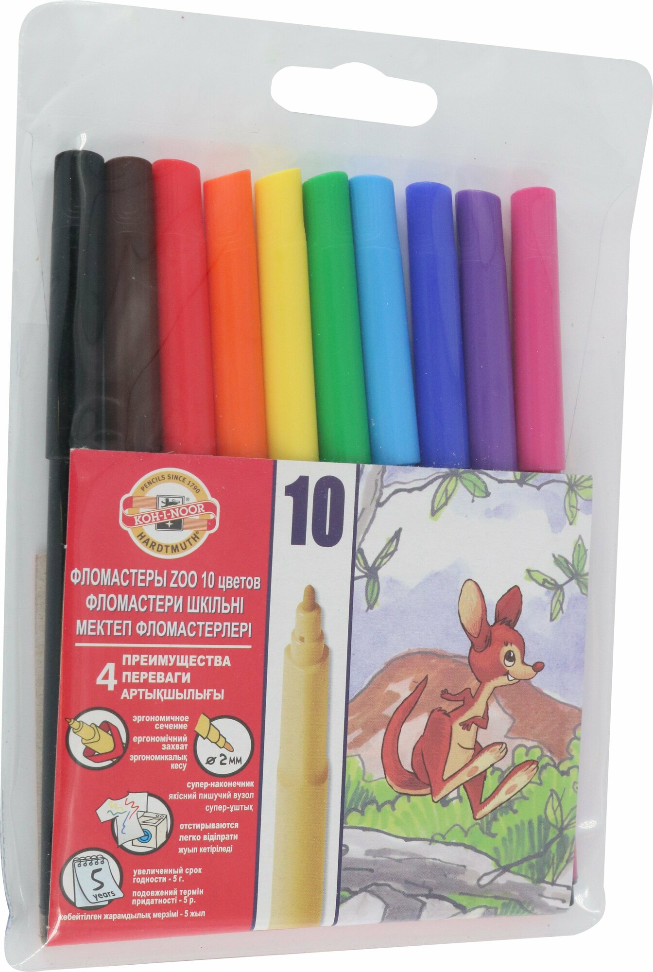 Фломастеры 10 цветов ZOO, смываемые, вентилируемый колпачок