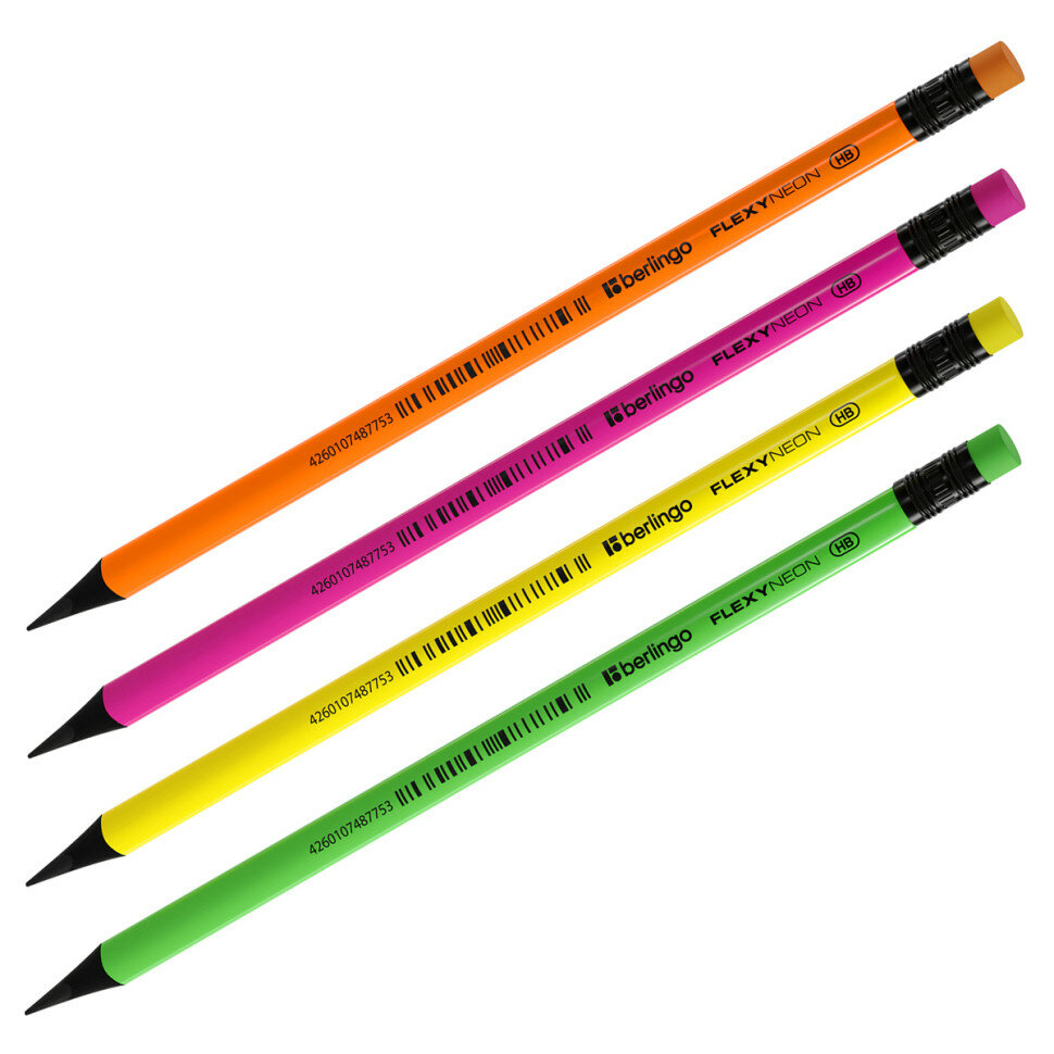 Карандаш ч/г Berlingo "Flexy Neon" HB, с ластиком, заточен, пластиковый, ассорти, 72 штук, 255789