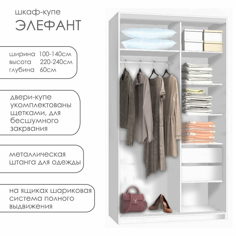 Шкаф-купе Элефант-1, 130*230*60, белый гладкий, серебро матовое, 1 зеркало, 2 ящика, платье/белье — фото 1
