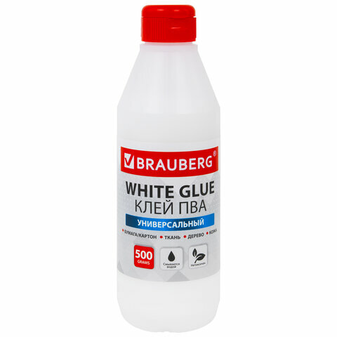 Клей ПВА BRAUBERG, 0.5 кг, универсальный (бумага, картон, дерево), 600982