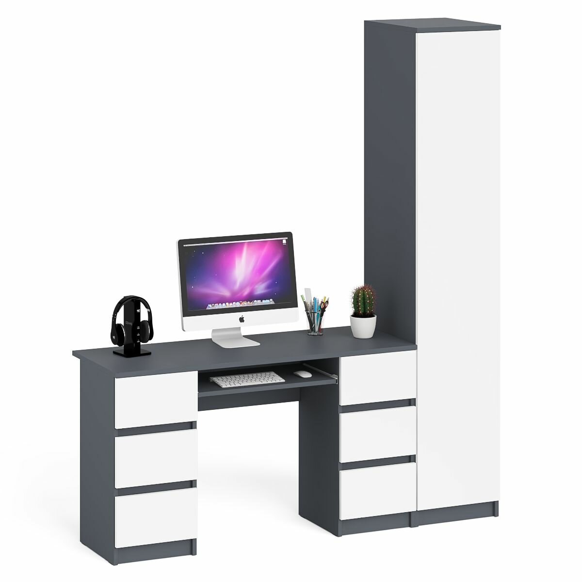 Шкаф однодверный СВК Мори МШ400.1 с компьютерным 2-х тумбовым столом цвет графит/белый, 175,8х50,4х209,6 см.