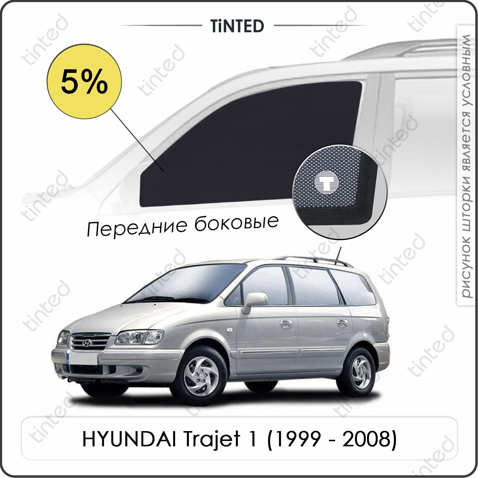 Шторки на автомобиль солнцезащитные HYUNDAI Trajet 1 Минивэн 5дв. (1999 - 2008) на передние двери 5%, сетки от солнца в машину хёндай траджет, Каркасные автошторки Premium