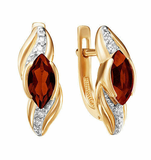 Серьги, золото, 585 проба, фианит, гранат