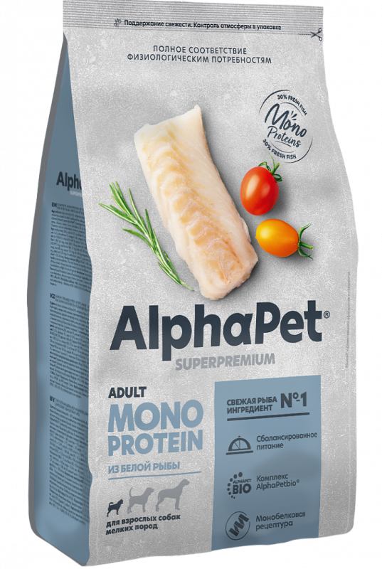 Сухой корм Alphapet Monoprotein для взрослых собак мелких пород с белой рыбой, 1,5 кг