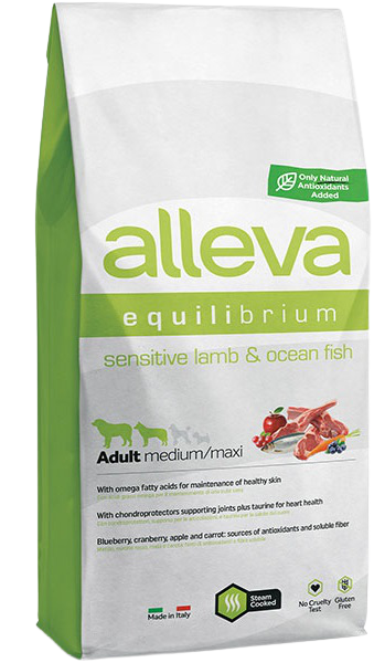 Сухой полнорационный корм Alleva Equilibrium Sensitive Medium/Maxi для взрослых собак средних и крупных пород с чувствительным пищеварением, с ягненком и океанической рыбой, 2 кг