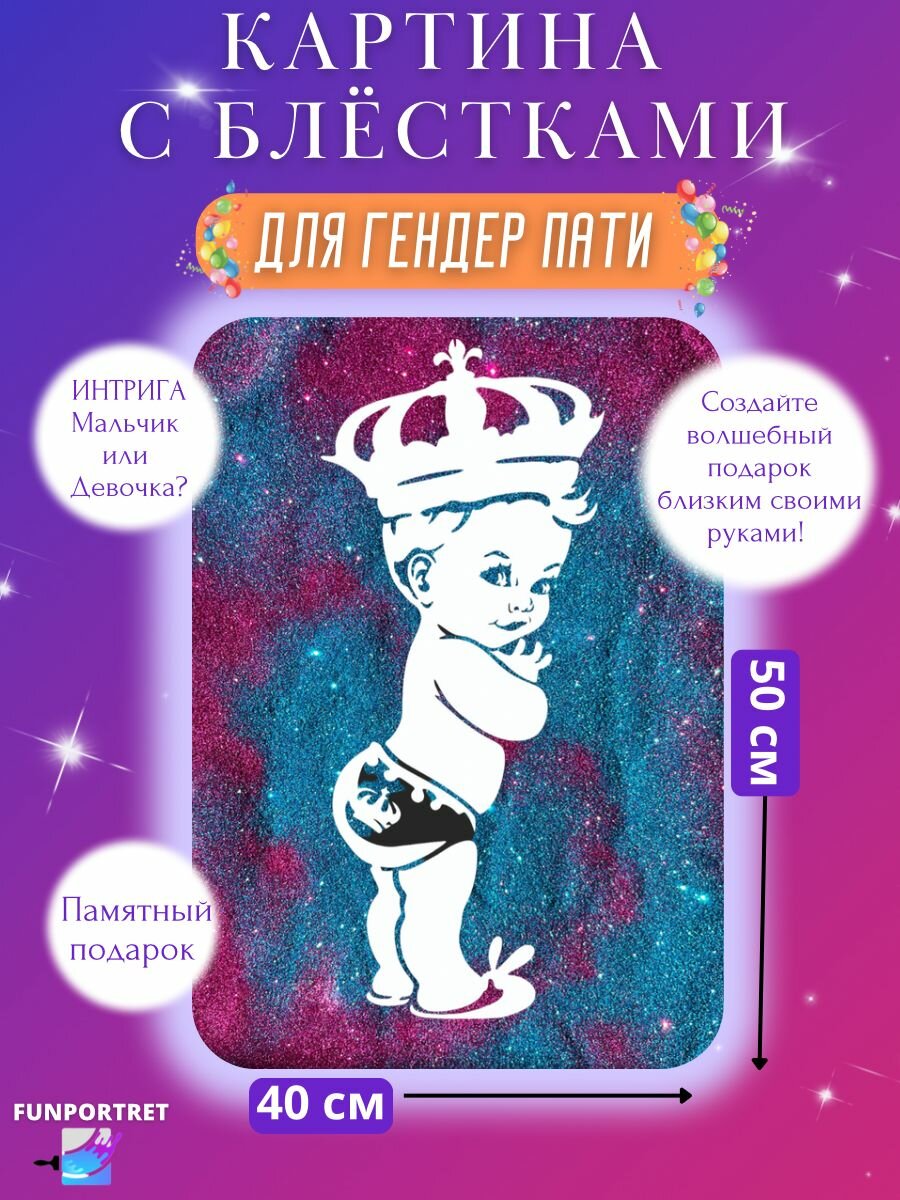 Картина на стену интерьерная гендер пати с блестками, мальчик 40*50 см