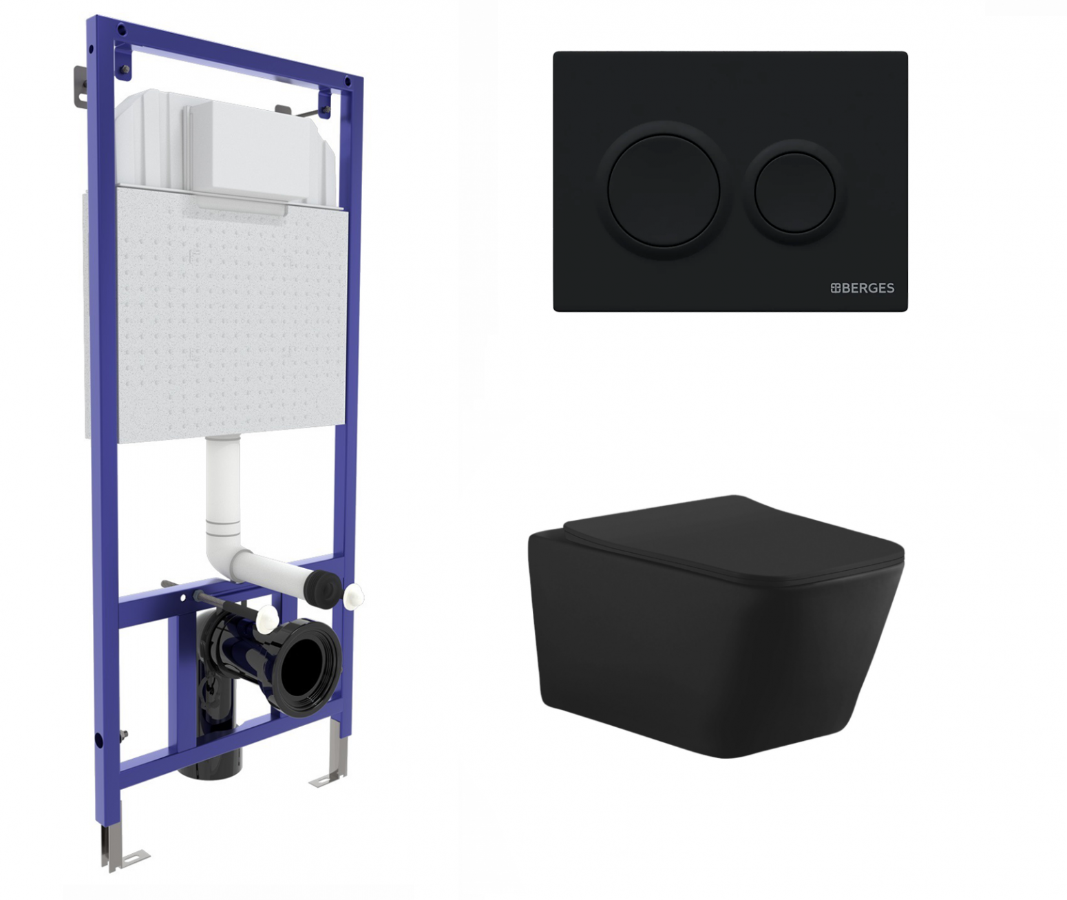 Комплект 3 в 1 инсталляция Berges Novum O5 + Унитаз подвесной Aquanet Tavr-W BW 287011 черный с кнопкой черной