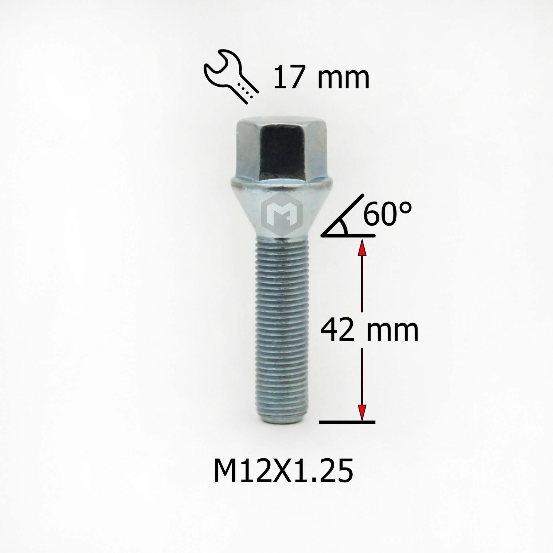 Болт колесный M12х1,25 длина резьбовой части 42мм, конус, ключ 17мм, цинк