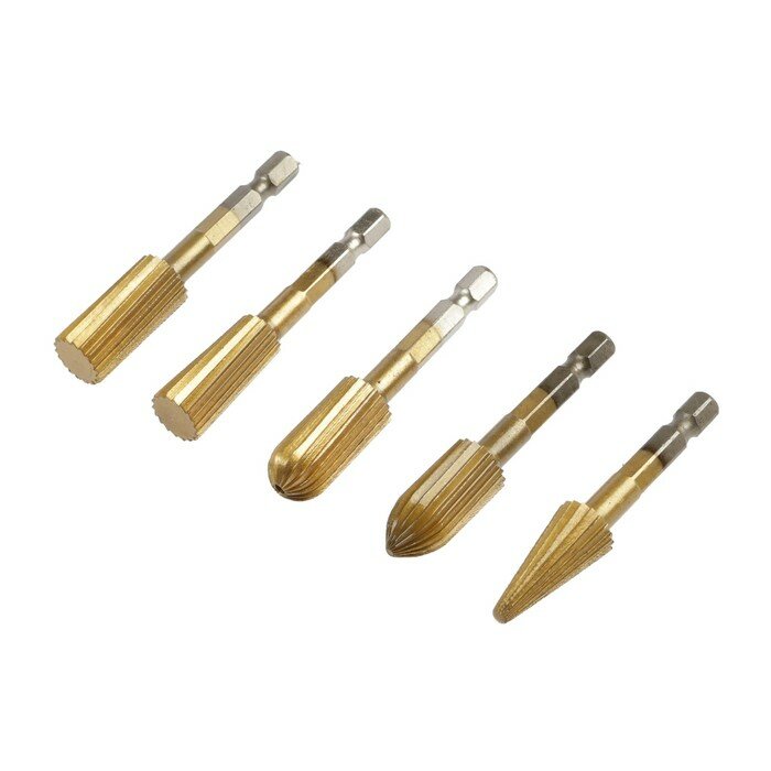 Набор шарошек по дереву и пластику тундра, TiN покрытие, шестигранный хвостовик, 5 шт.