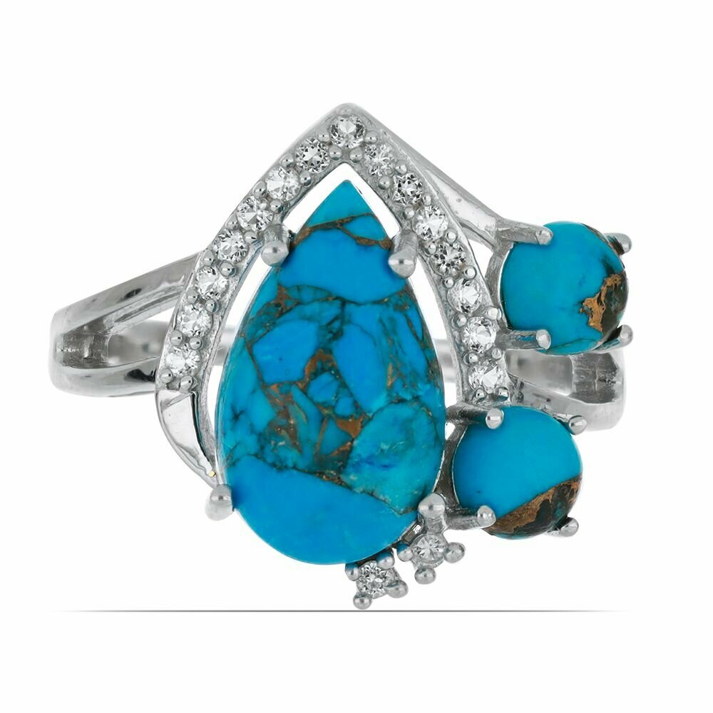 Кольцо, серебро, 925 проба, родирование, бирюза, топаз