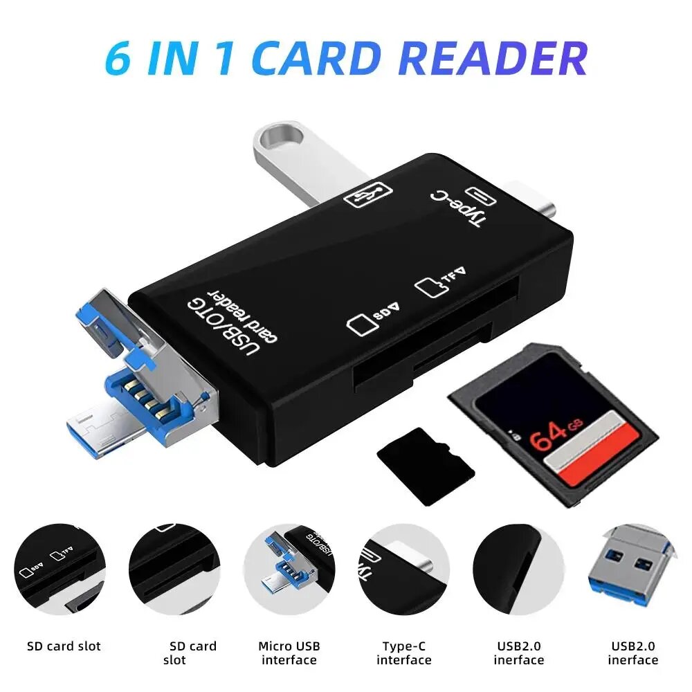 6 в 1 USB 3.0 Многокарточный считыватель C Micro USB флешка TF SD карта считывания адаптер флэш - накопитель телефон ноутбук аксессуары 6 in 1 2.0 Black