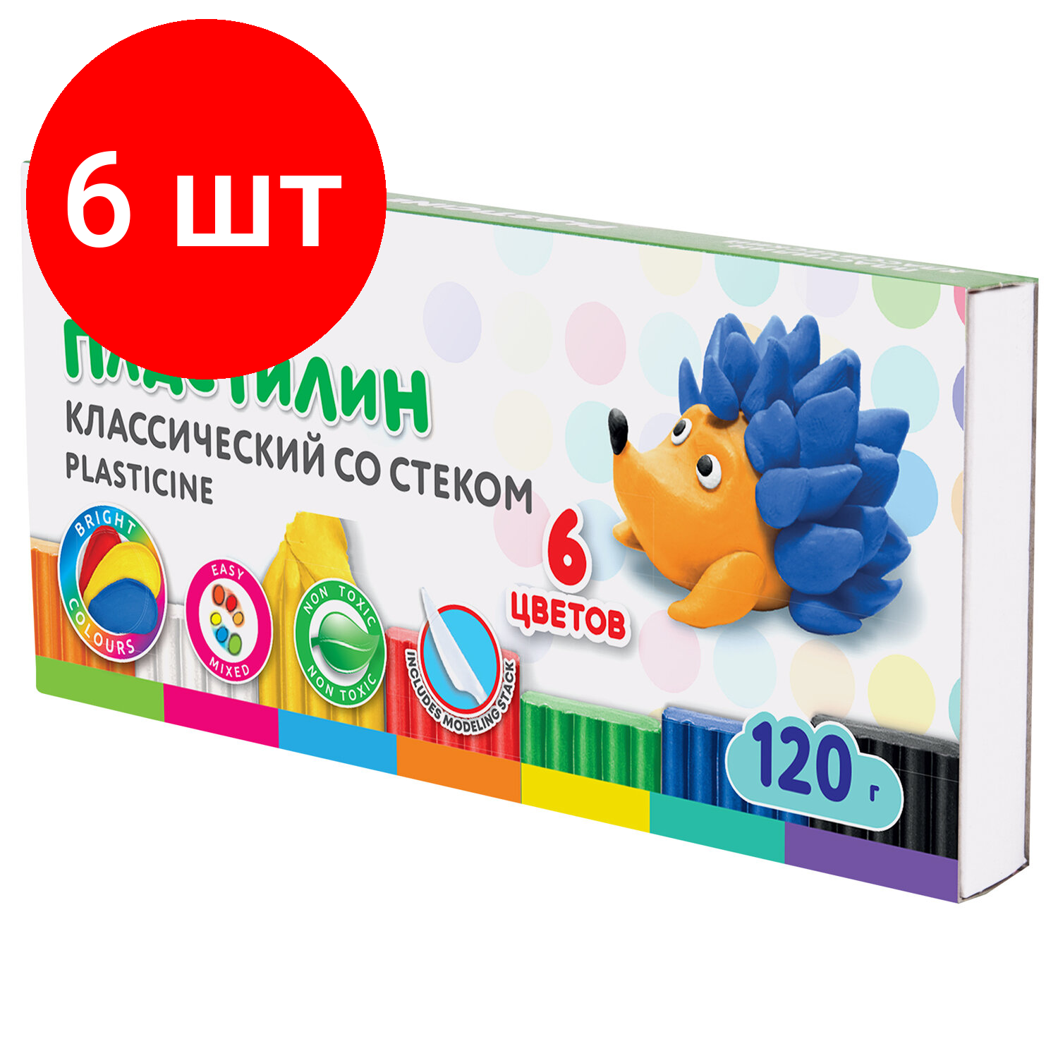 Комплект 6 шт, Пластилин классический BRAUBERG KIDS, 6 цветов, 120 грамм, стек, высшее качество, 106435