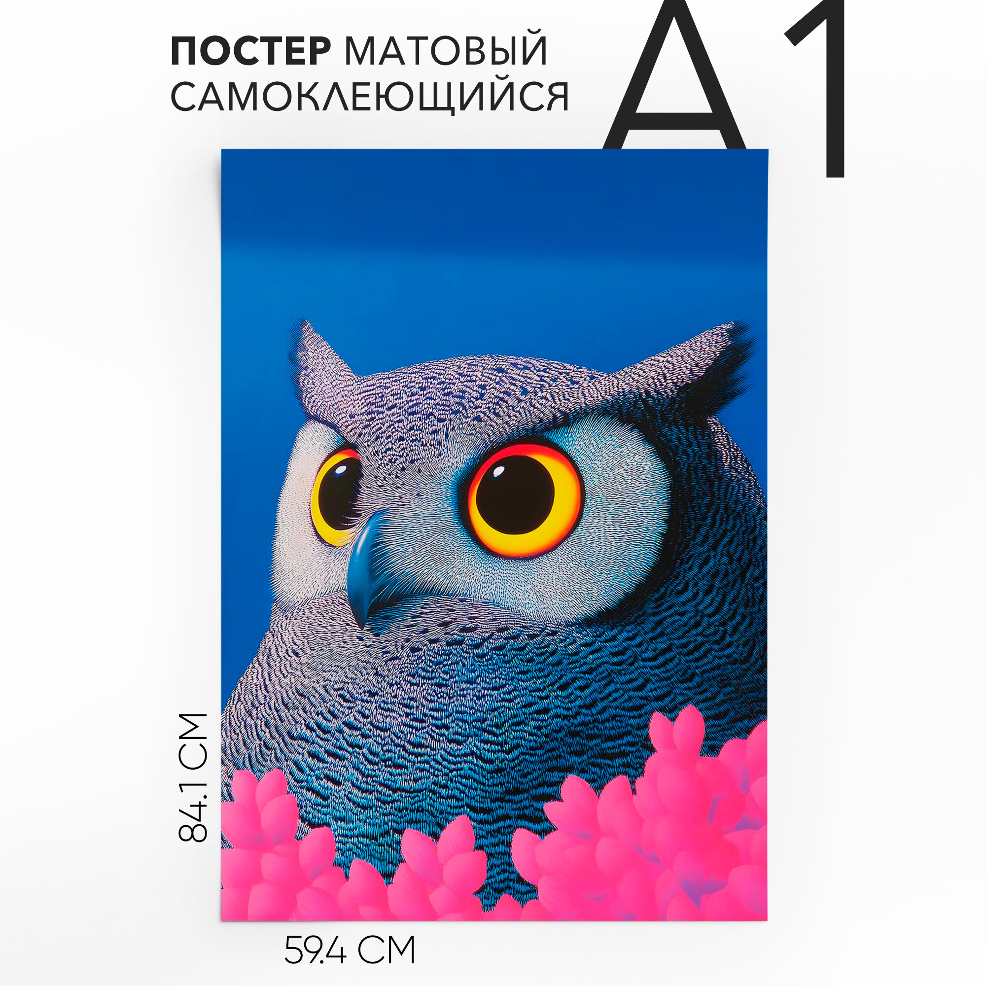 Постеры на стену самоклеящийся, большой A1 Сова, влагостойкий, для декора