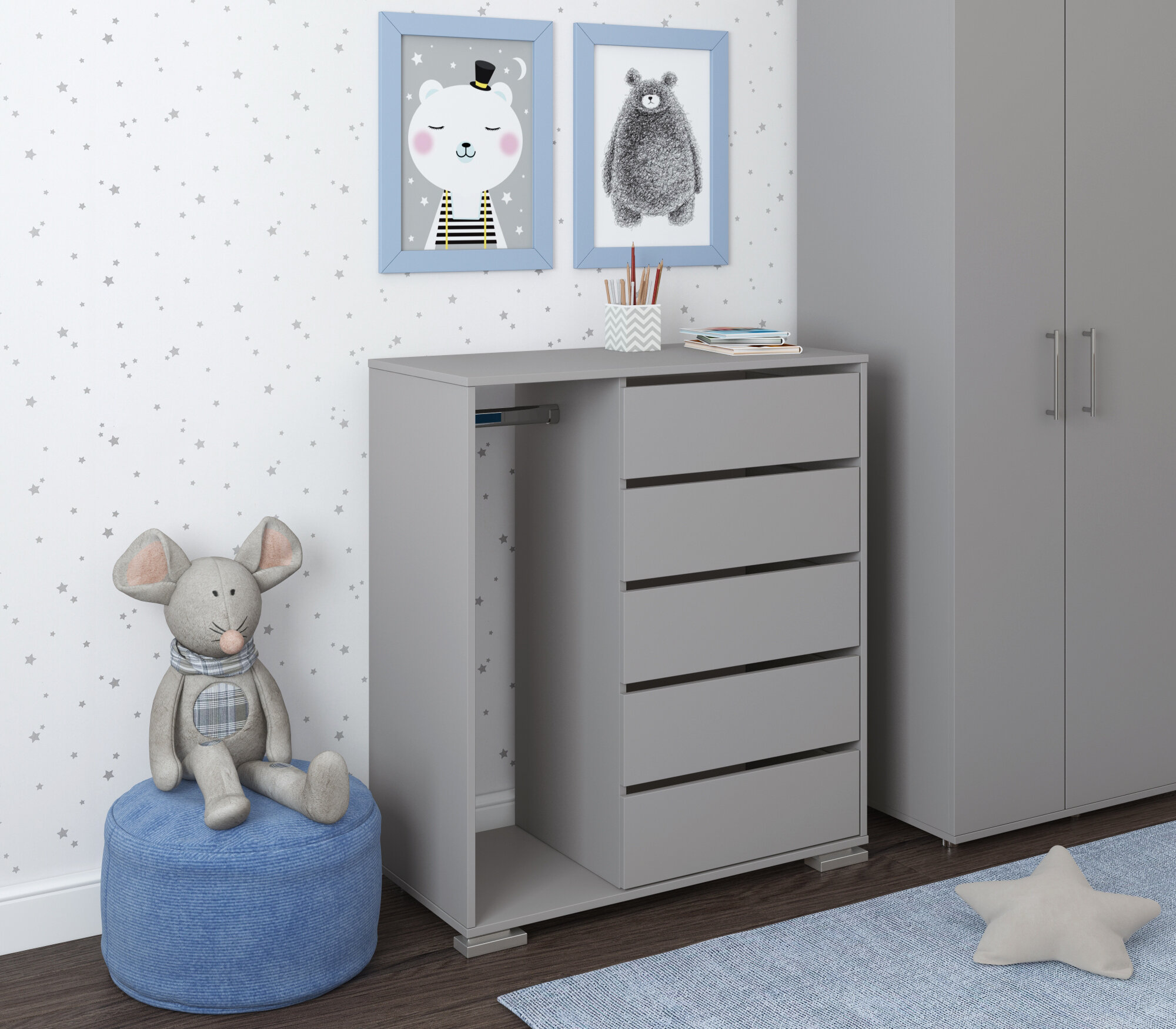 Шкаф, комод, шкаф-комод с ящиками, со штангой Есэндвич Лаворо, 90x43х102 см, правый (Вулканический серый)