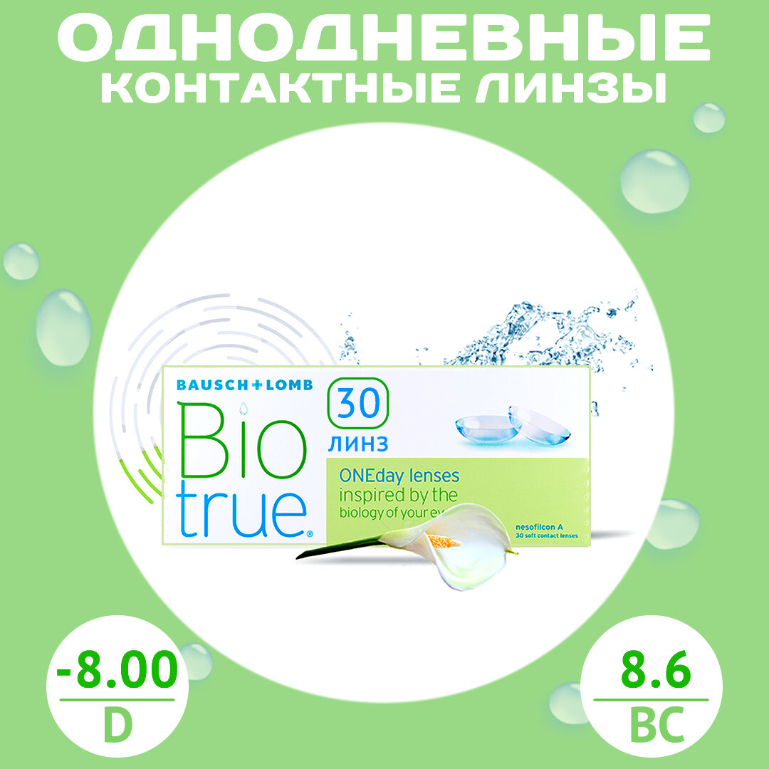 Контактные линзы Biotrue ONE Day D-8.00, R8.6, однодневные, 30 шт.