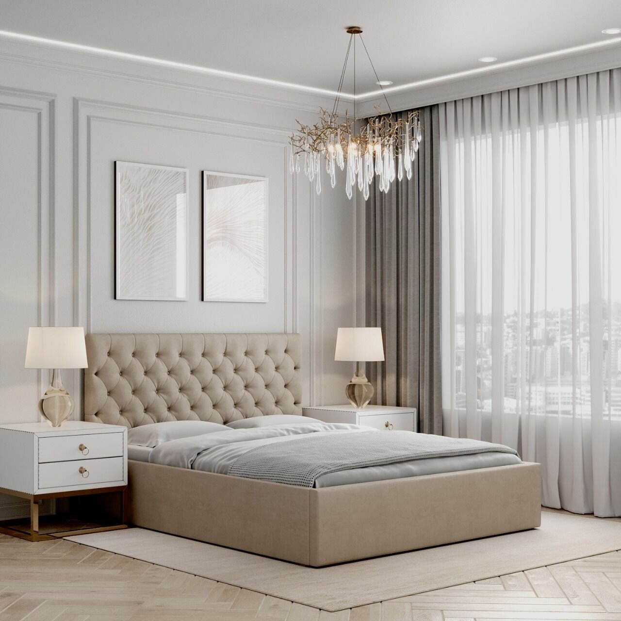 Кровать с матрасом 160х200 двуспальная с подъемным механизмом, с ящиком для белья, бежевая