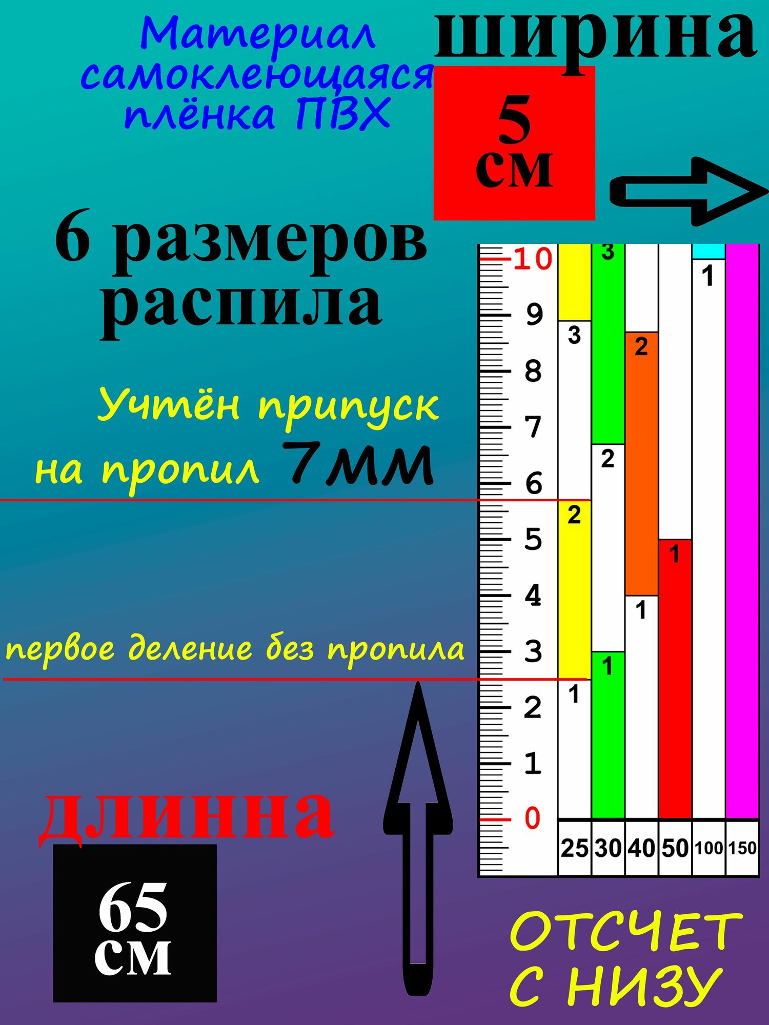 Линейка для пилорамы 65см 6размеров пропил 7мм (в начале без пропила) обратная