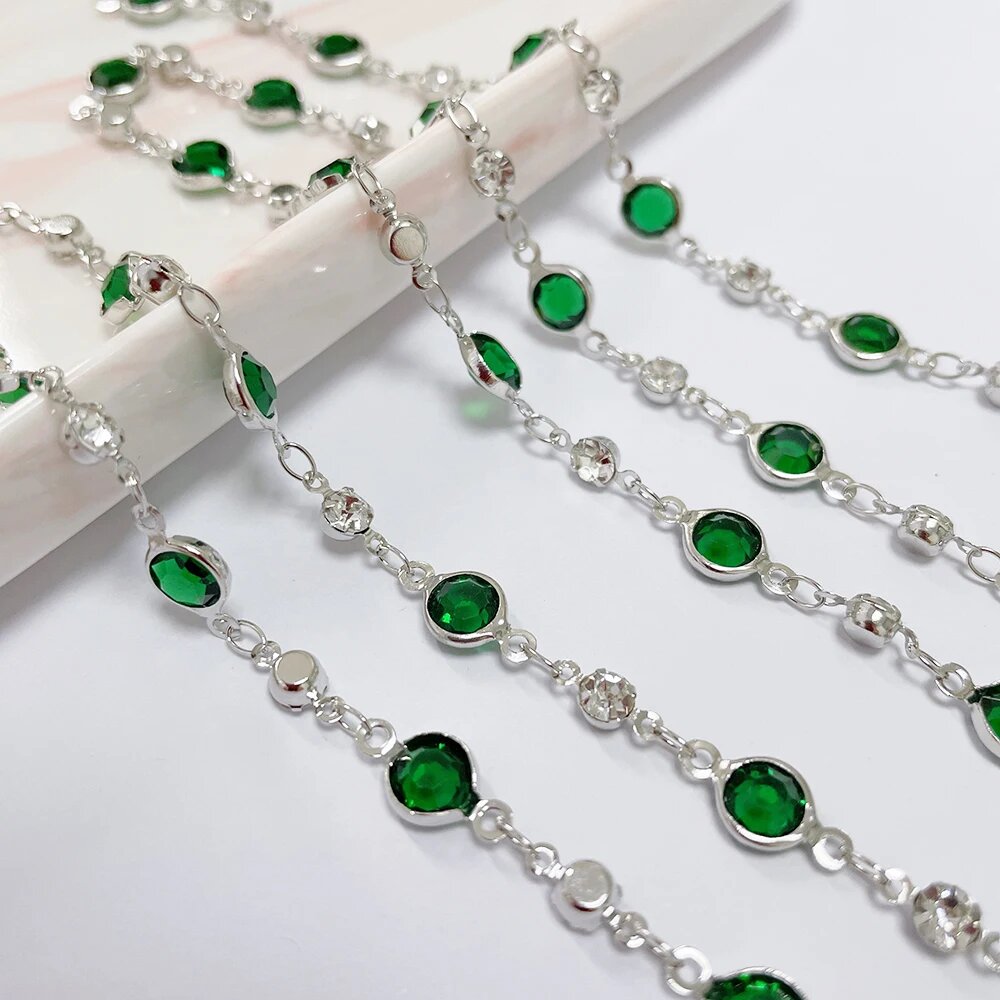 Изумрудная хрустальная цепочка с бусинами Rhodium-Green