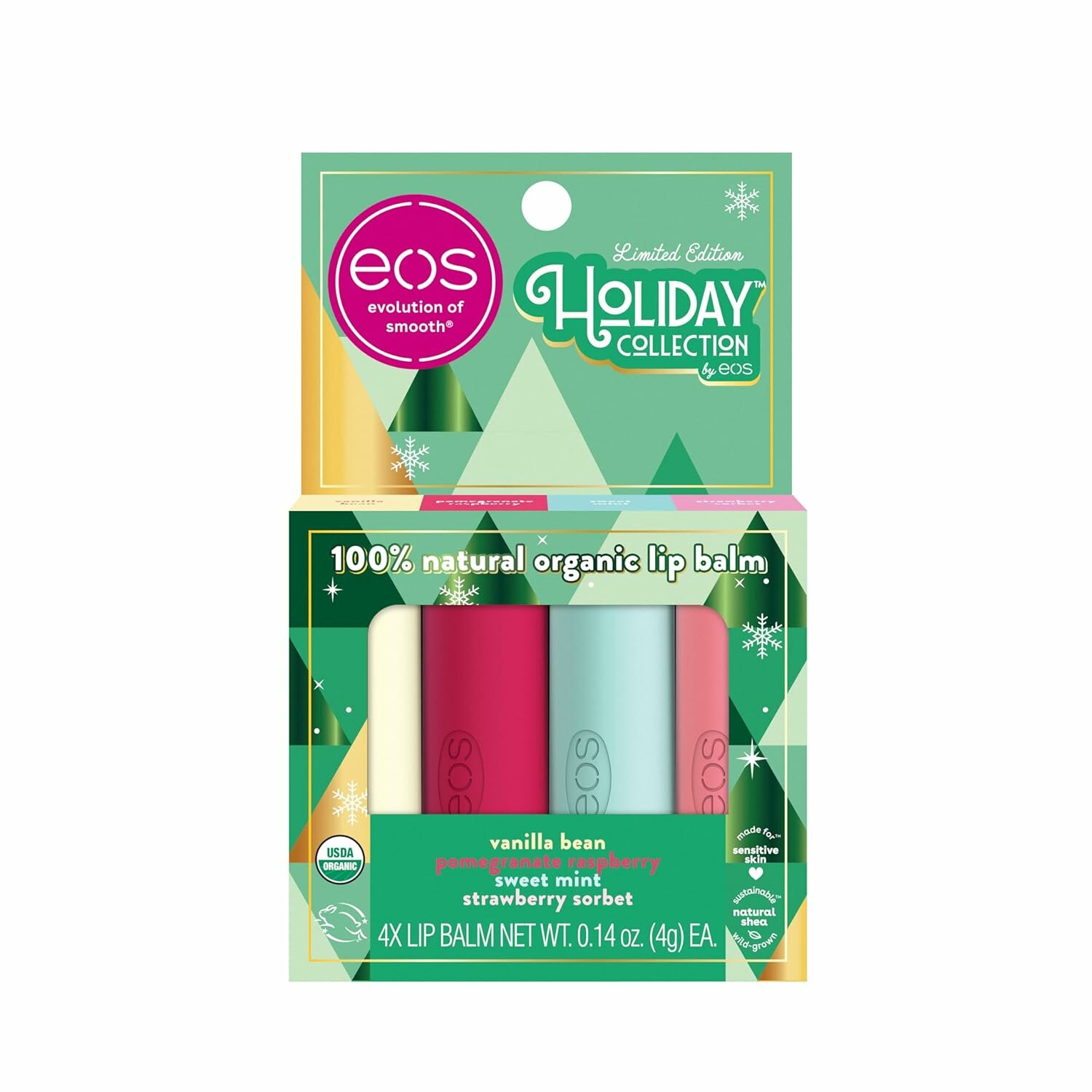 EOS Holiday Набор бальзамов для губ, 4 шт. Strawberry Sorbet, Sweet Mint, Pomegranate Raspberry and Vanilla Bean Lip Balm Клубничный Сорбет, Сладкая Мята, Гранат Малина и Ваниль, стик по 4 гр. каждый