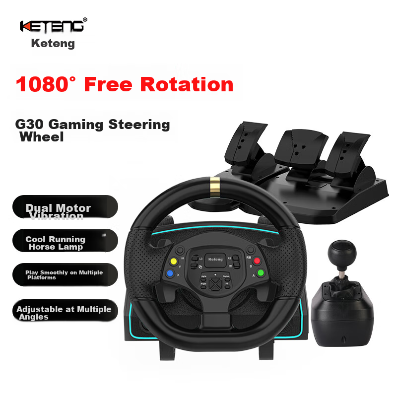 Keteng G30 Racing Wheel, 1080-Degree, Racing Game Simulator, Force Feedback, Compatible with PC/PS4/Xbox/Android/switch, European Plug, 2 Joy-Cons, Explore China