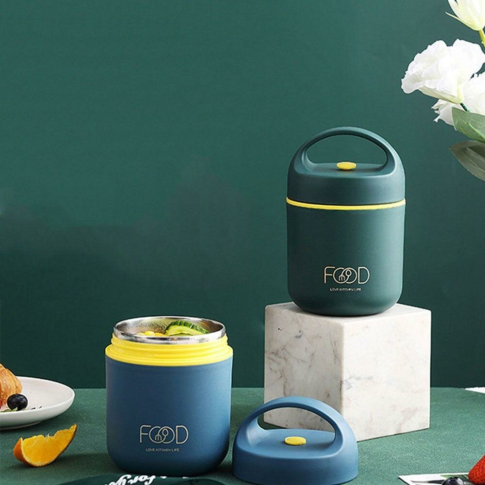 Ланч-Бокс Термос, герметичный, с ложкой, 460 мл, зеленый, желтый