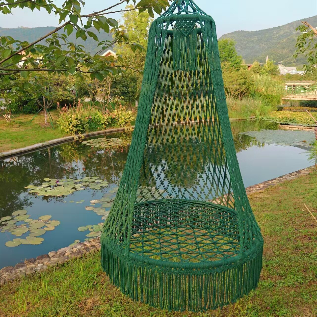 Подвесной гамак "Кемпинг", ручной работы, диаметр 80мм, зеленый, без подушки