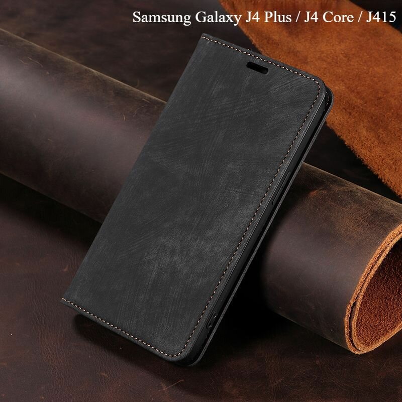Кожаный чехол-книжка для Samsung Galaxy J4 Plus / J4 Core / J415 (Самсунг галакси j4 плюс, джи 4 плюс) , магнитный, с отделениями для карт и кошельком