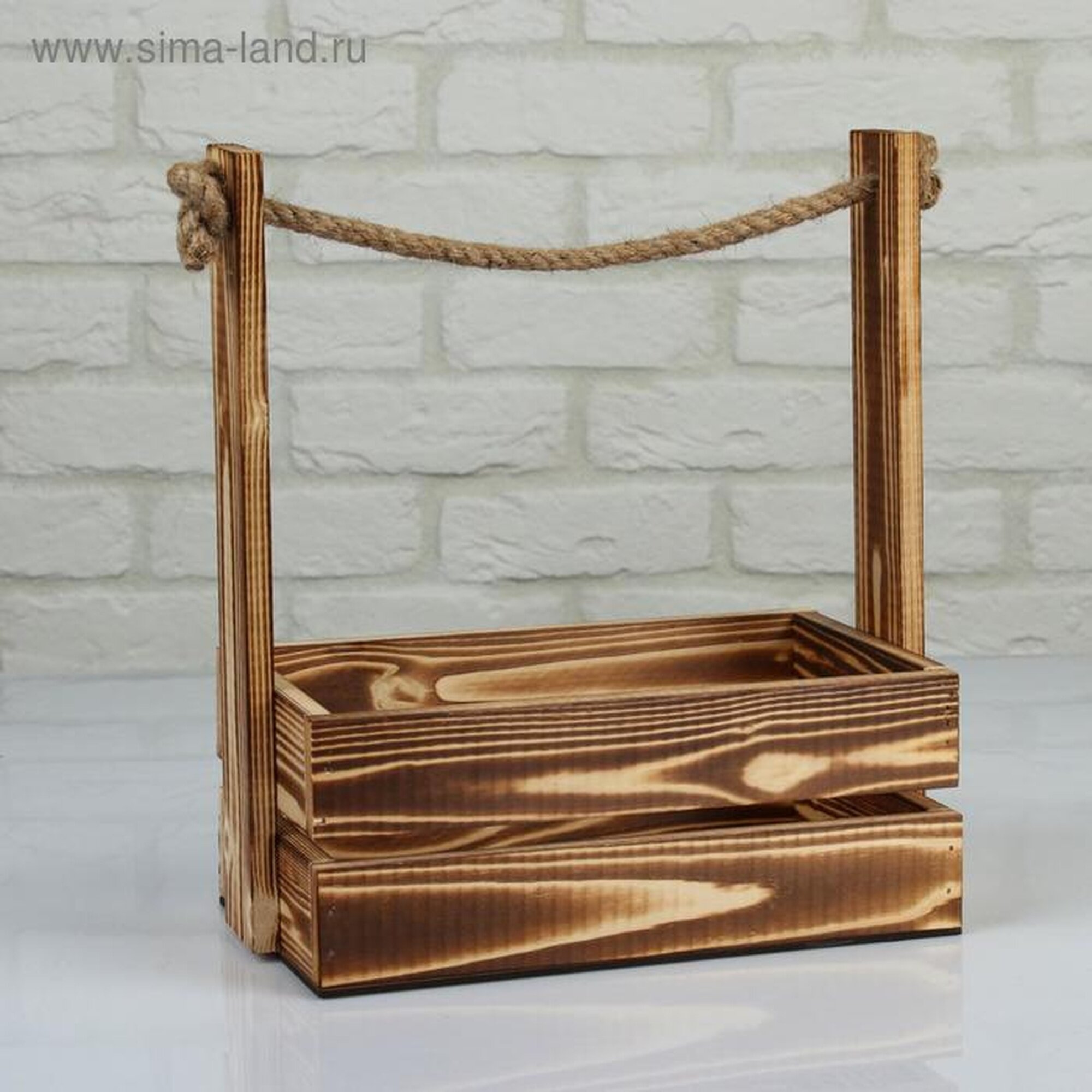 Кашпо деревянное 25.5×15×30 см "Аром", ручка канат, обожженный