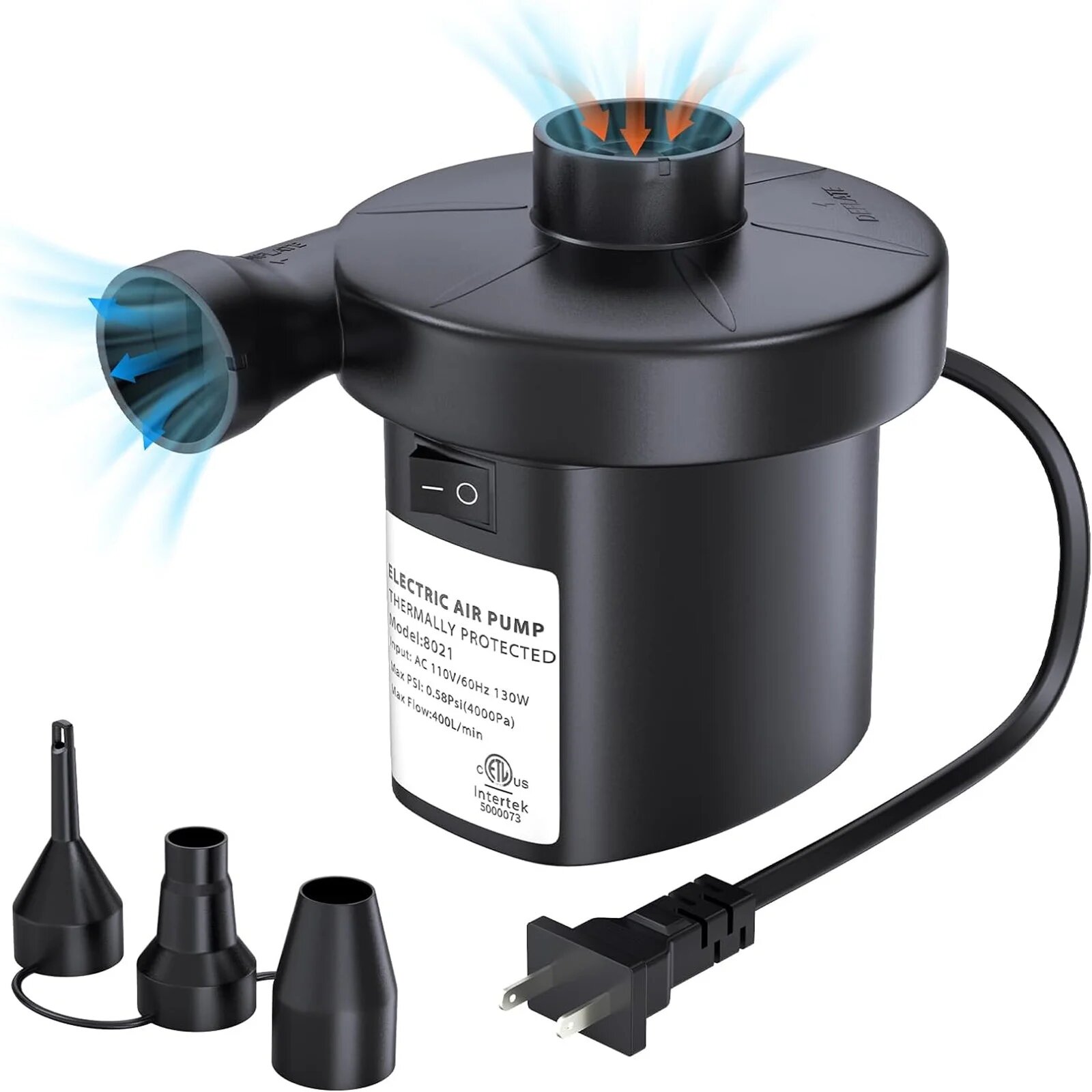 Воздушный насос Электрический воздушный насос для надувных изделий Насос для надувных матрасов с 3 насадками Инфлятор Дефлятор Быстрый воздушный насос для надувных матрасов Кровати Игрушки для бассейна Плот Лодка Плавательные круги AC 110V 130W