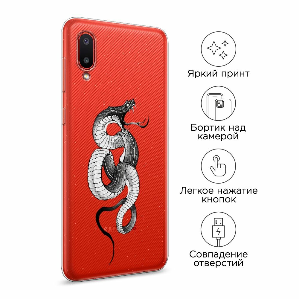 Чехол на Samsung Galaxy A02 / Самсунг Галакси А02 с принтом Монохромная змея рисунок, прозрачный — фото 1