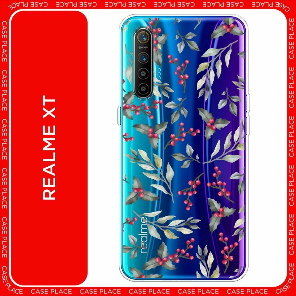 Чехол на Realme XT / Реалми XT с принтом Зимние ягоды паттерн, прозрачный