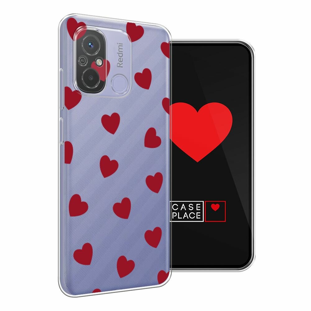 Чехол на Xiaomi Redmi 12C/Poco C55 / Редми 12C/Поко С55 с принтом "Бордовые сердечки паттерн - 14 февраля", прозрачный — фото 1