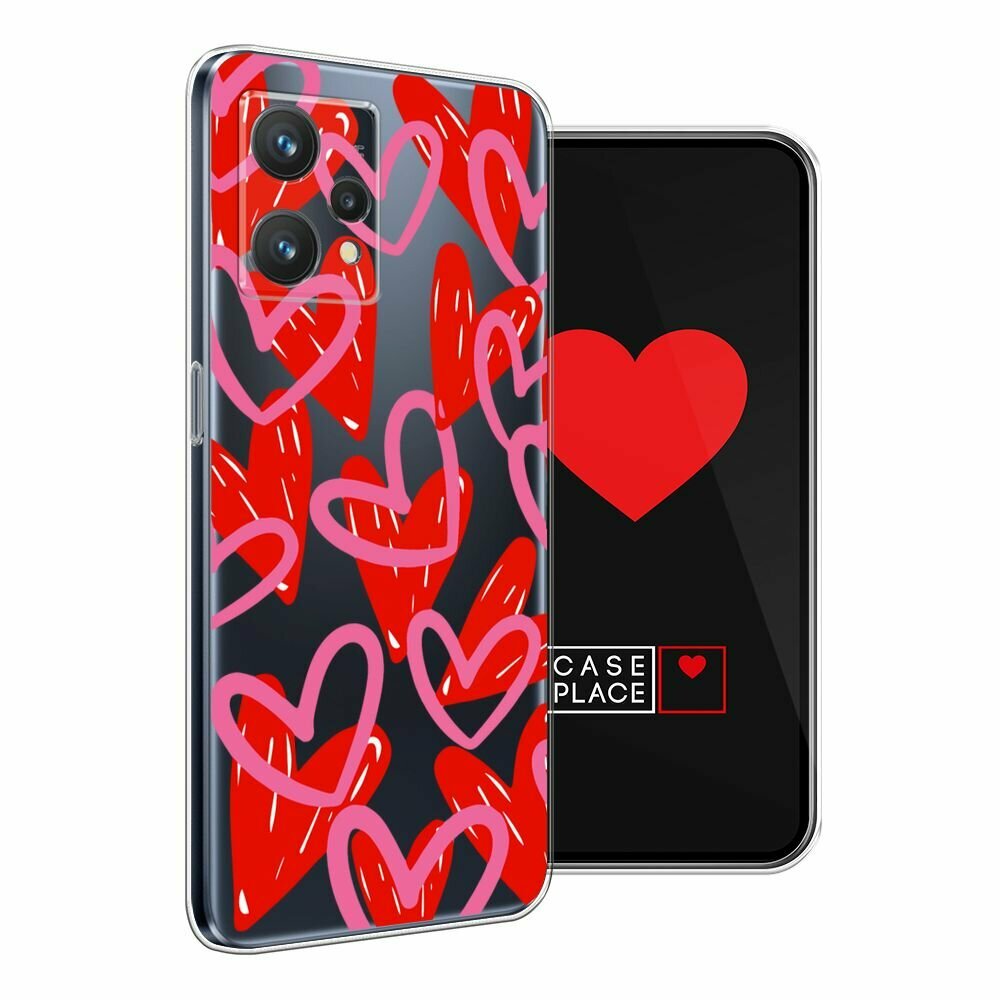 Чехол на Realme 9 4G/9 Pro Plus / Реалми 9 4G/9 Pro Plus с принтом "Hearts doodles - 14 февраля", прозрачный — фото 1