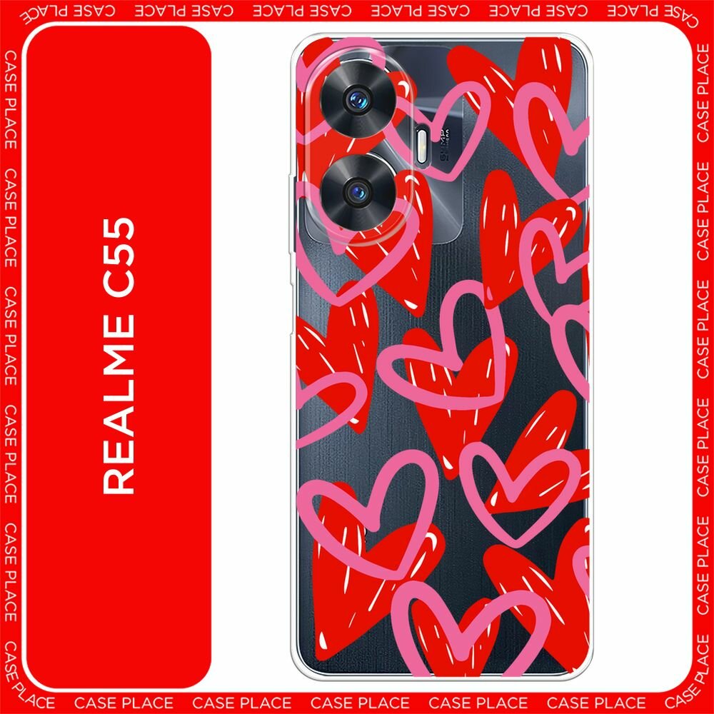 Чехол на Realme C55 / Реалми C55 с принтом "Hearts doodles - 14 февраля", прозрачный