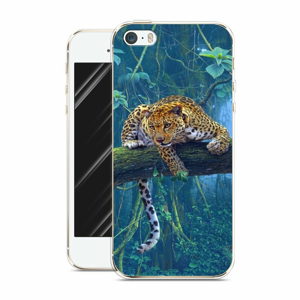 Чехол на Apple iPhone 5/5S/SE / Айфон 5/5S/SE с принтом "Леопард охотник" — фото 1