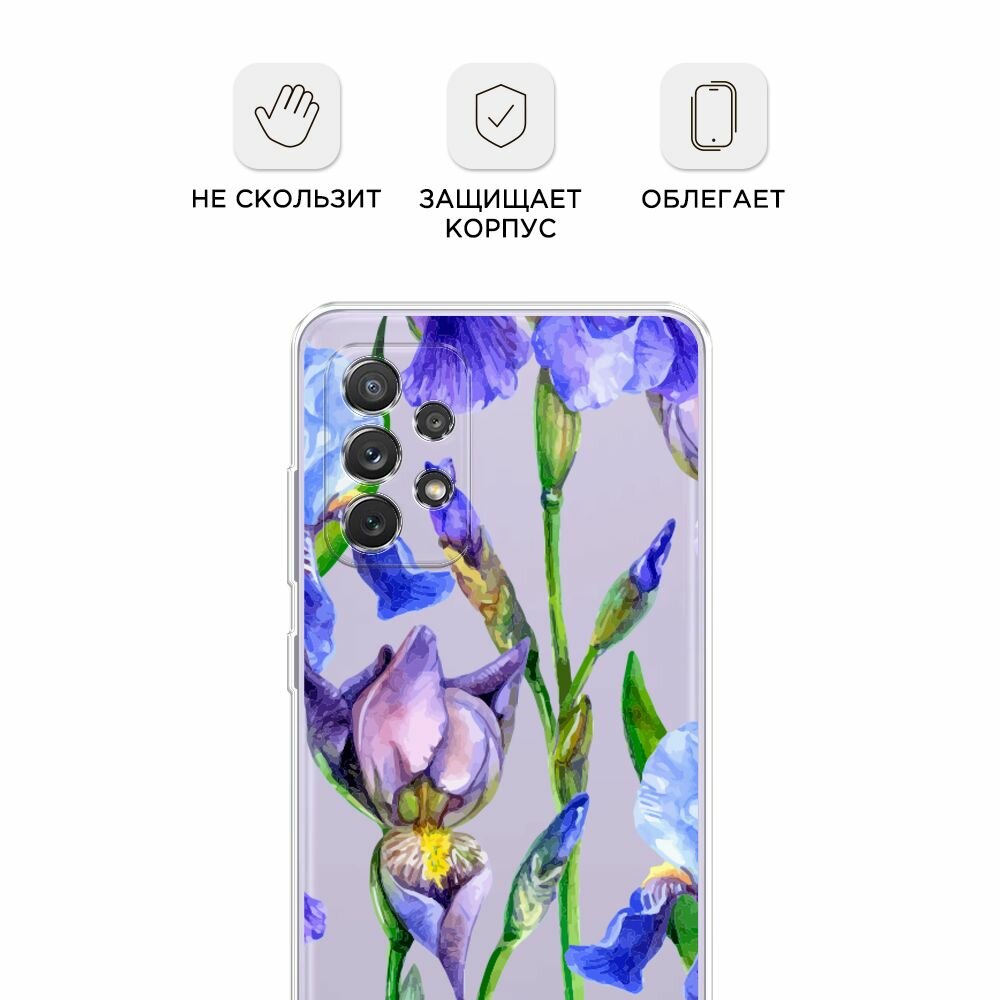 Чехол на Samsung Galaxy A73 / Самсунг Галакси А73 с принтом "Синие ирисы", прозрачный — фото 1