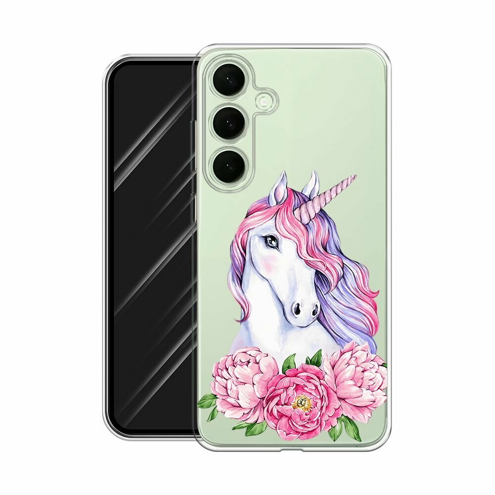 Чехол на Samsung Galaxy S25 Plus / Самсунг S25 Плюс с принтом "Единорог с пионами", прозрачный — фото 1