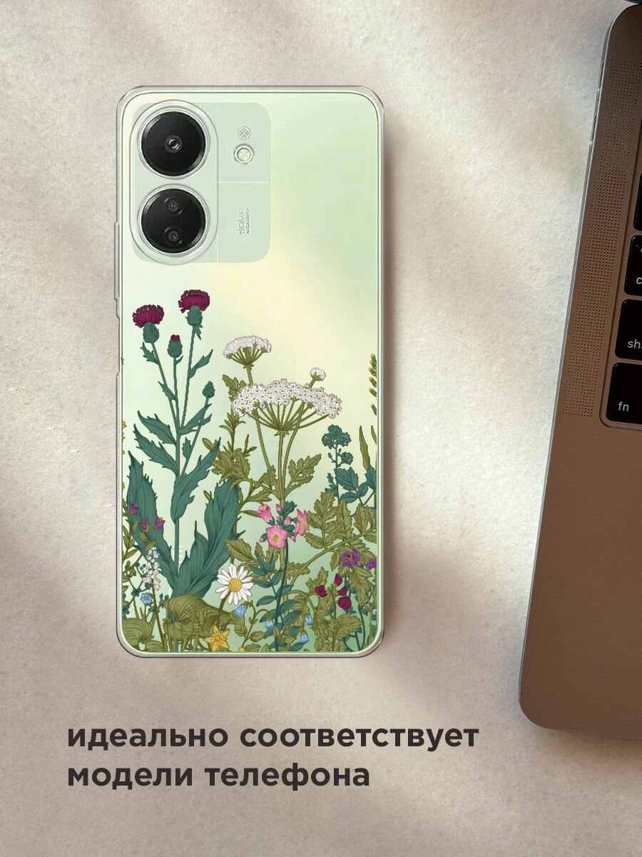 Чехол на Xiaomi Redmi 13C/Poco C65 / Сяоми Редми 13C/Поко С65 с принтом "Дикие полевые цветы", прозрачный — фото 1