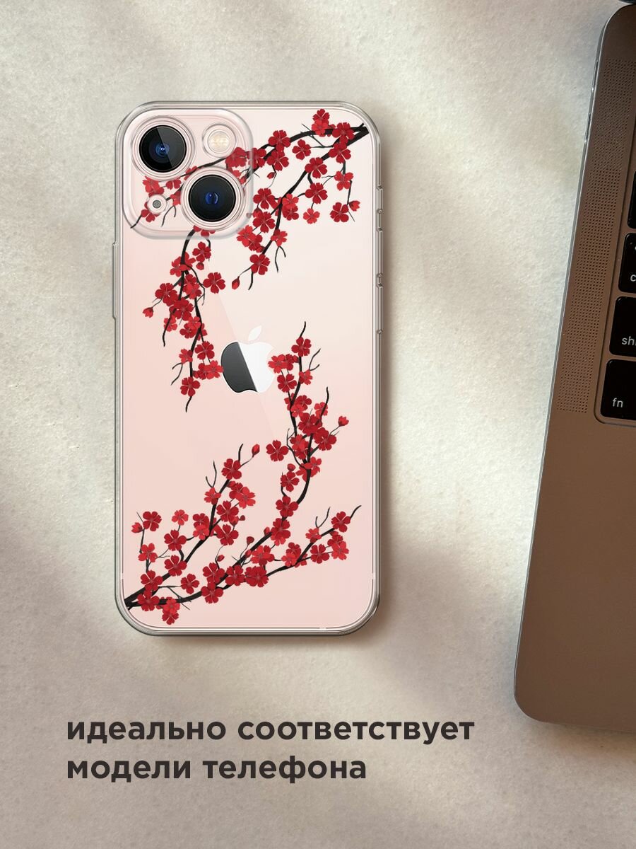 Чехол на Apple iPhone 13 mini / Айфон 13 мини с принтом "Красная сакура", прозрачный — фото 1