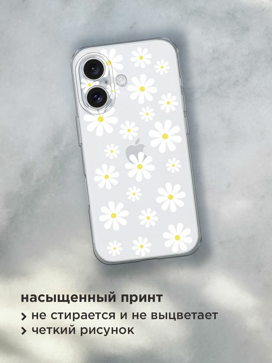 Чехол на Apple iPhone 16 / Айфон 16 с принтом "Большие ромашки", прозрачный — фото 1