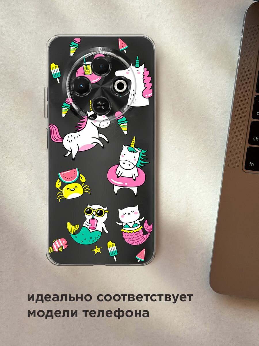 Чехол на Tecno Spark 30C / Текно Спарк 30C с принтом "Единороги в отпуске", прозрачный — фото 1