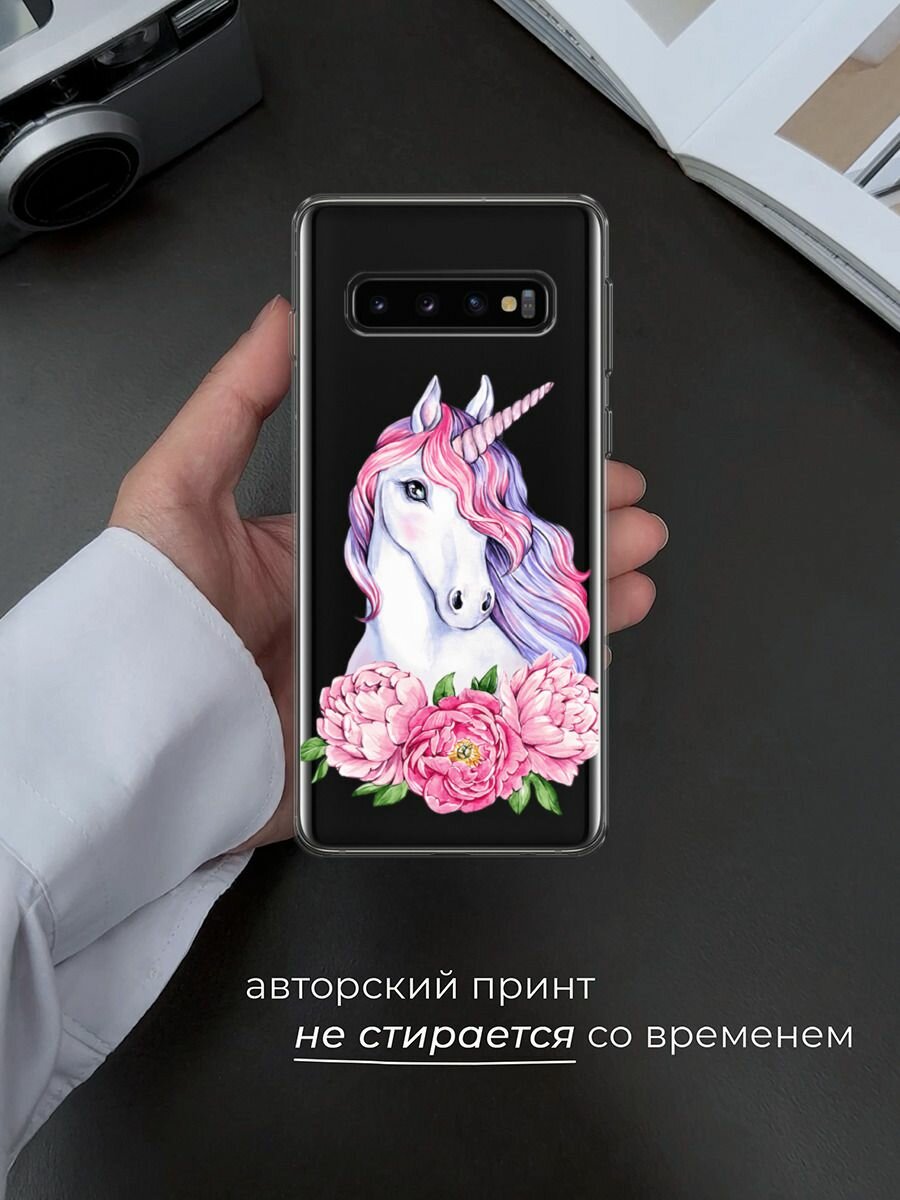 Чехол на Samsung Galaxy S10 / Самсунг Галакси S10 с принтом "Единорог с пионами", прозрачный — фото 1