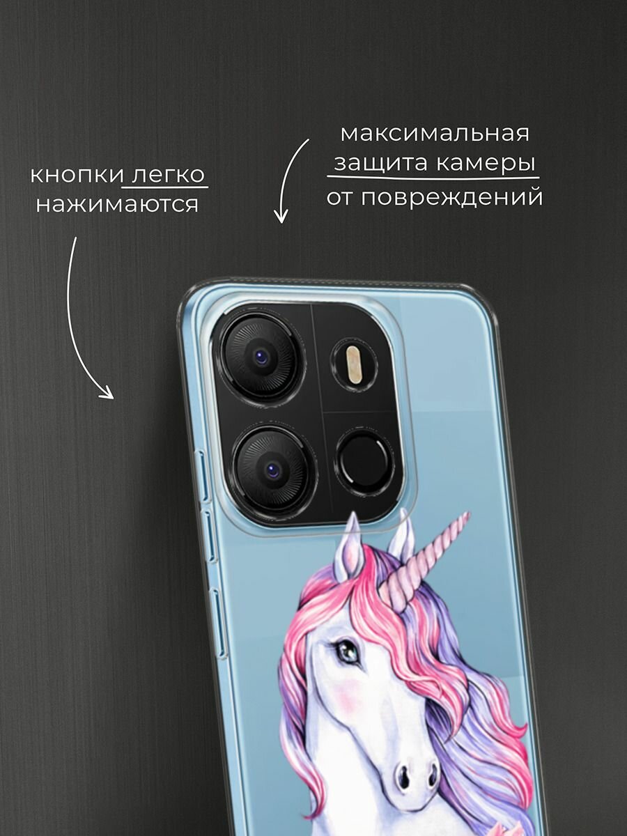 Чехол на Tecno Pop 7 / Текно Поп 7 с принтом "Единорог с пионами", прозрачный — фото 1