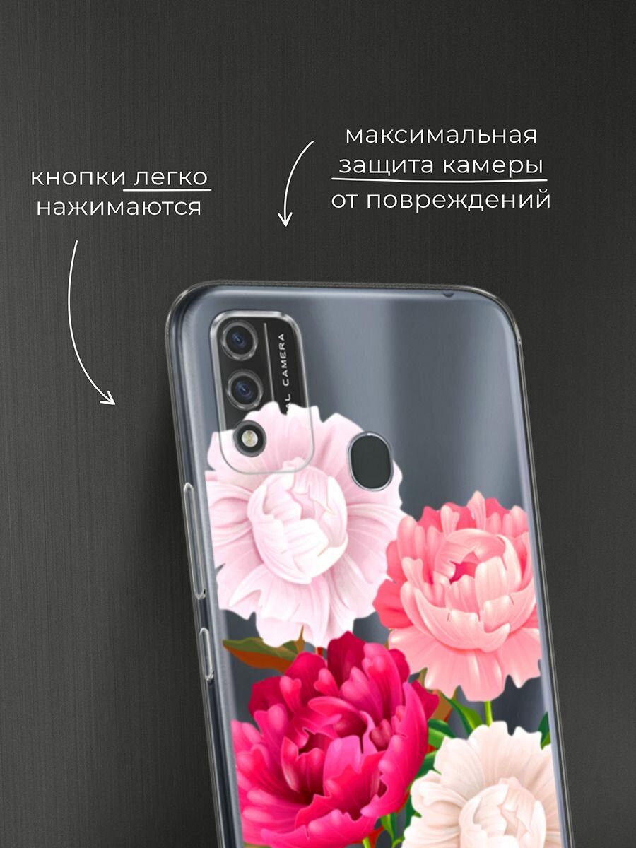 Чехол на Itel A48 / Ител А48 с принтом "Большие пионы", прозрачный — фото 1