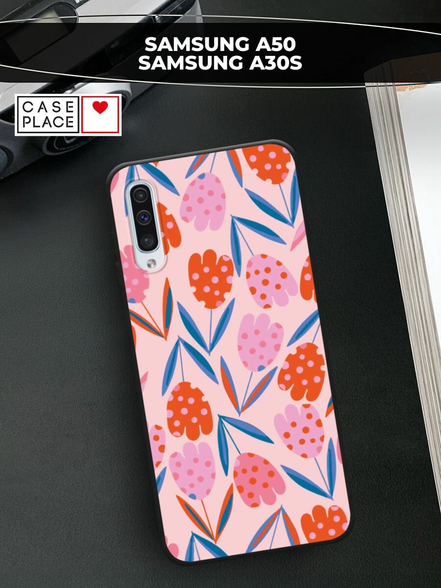 Черный матовый чехол на Samsung Galaxy A50 / Самсунг Галакси А50 с принтом "Тюльпаны в горошек - 8 марта"