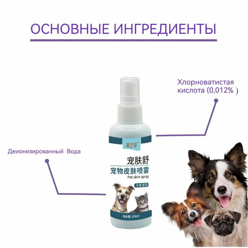 Спрей от стригущего лишая для кошек и собак , 100 мл, для ухода за кожей домашних животных, наружное применение
